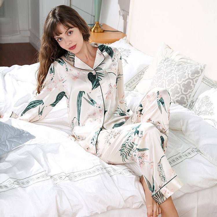 Long Flower Print silk pajamas Mulberry Luxury Silk Sleepwear – DIANASILK