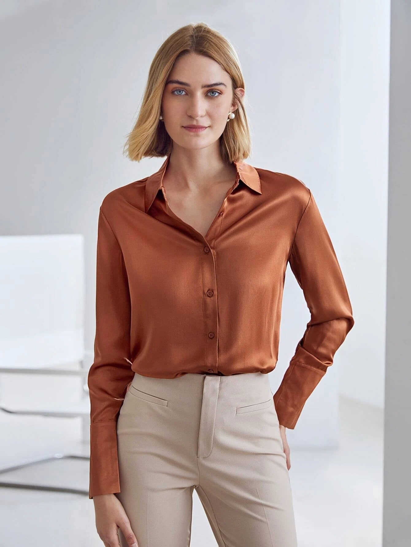 Modern 100% Silk Long Sleeves Silk Staight Fit Top Silk Blouse for Wom ...